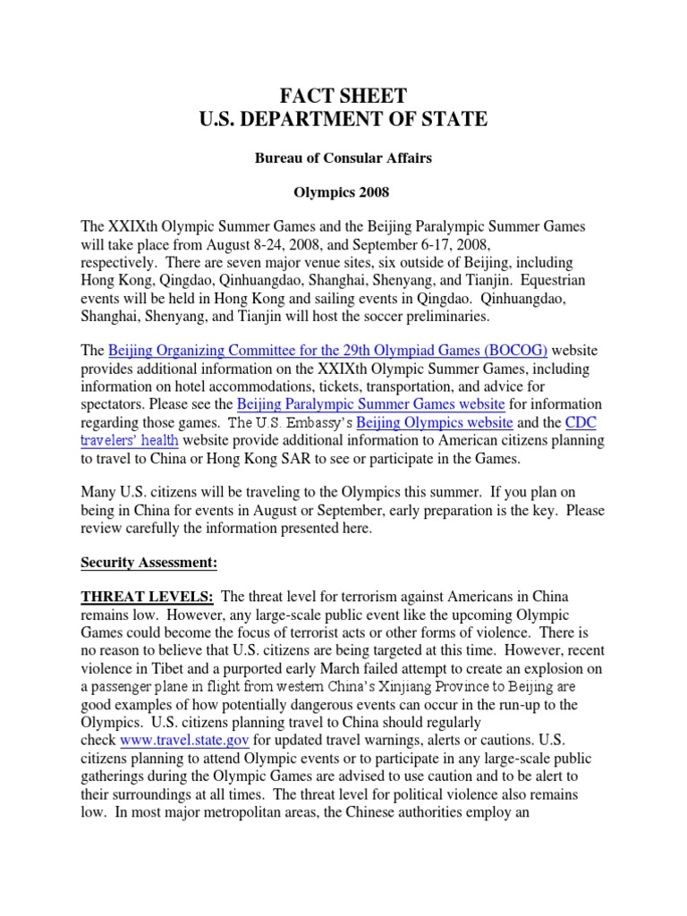 2008 Olympics Fact Sheet | PDF | Travel Visa | Consul (Representative)