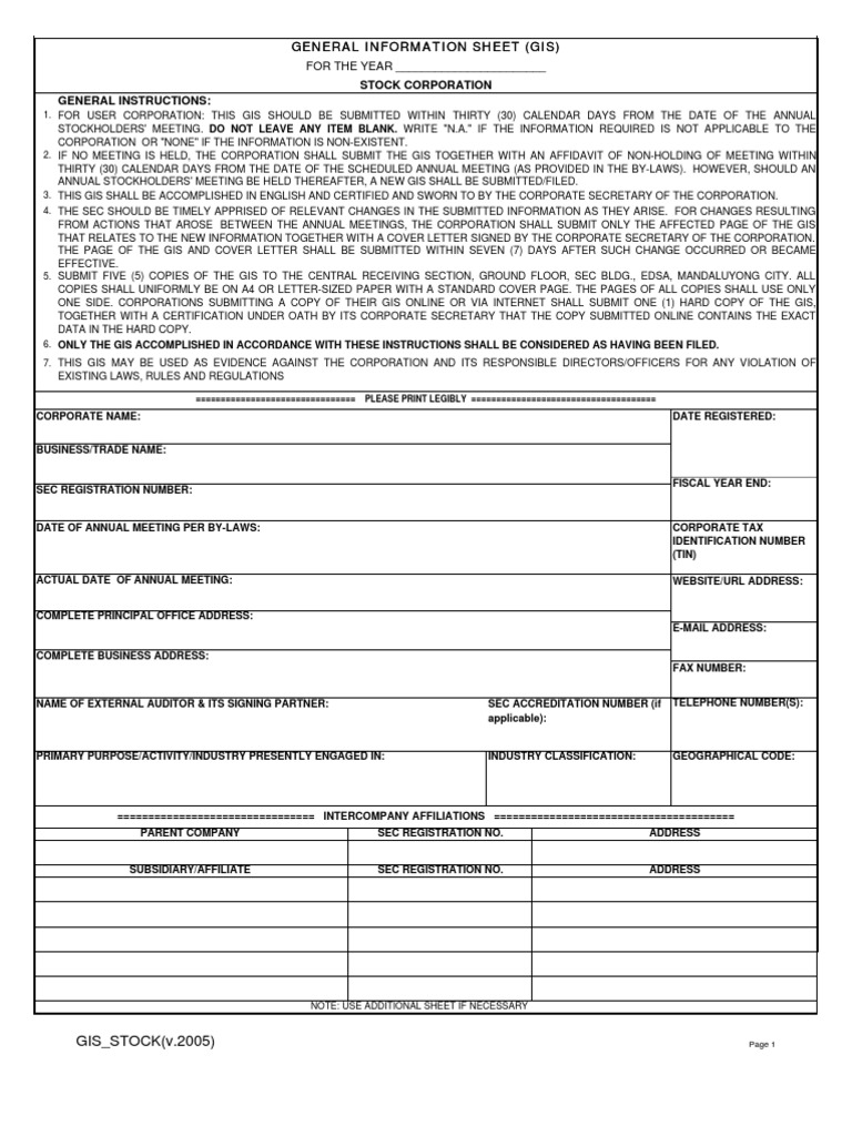 General Instructions: Stock Corporation: General Information Sheet (Gis ...