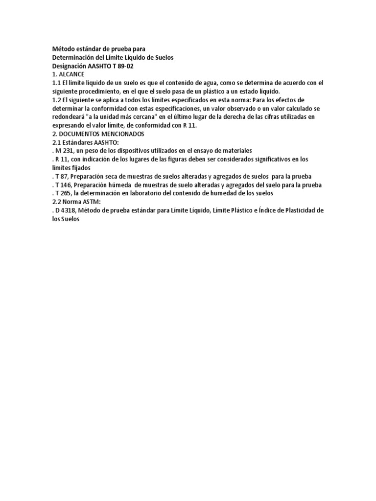 Límite Líquido de Suelos AASHTO T 89-02 | PDF | Ciencia y matemáticas