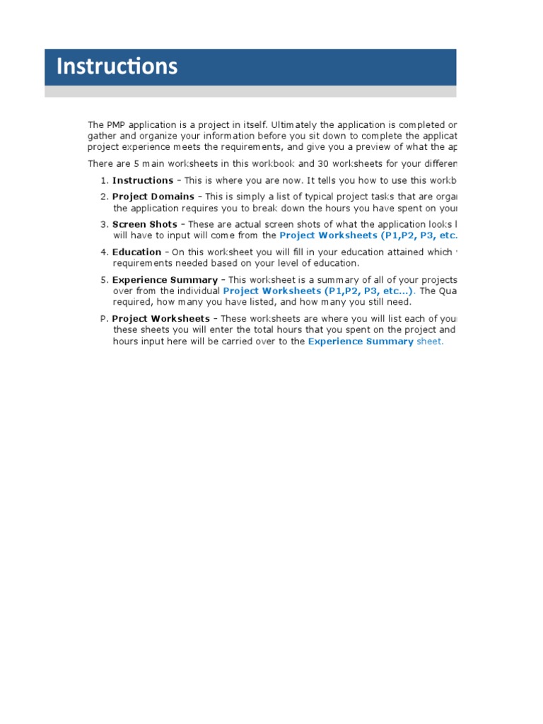 PMP Application Workbook Guide | PDF | Project Management | Spreadsheet