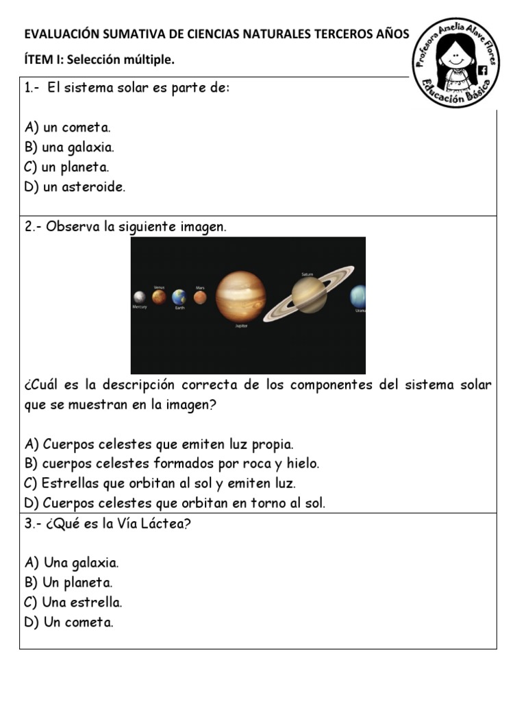 Prueba Del Sistema Solar Teachervision Evaluación Sistema Solar