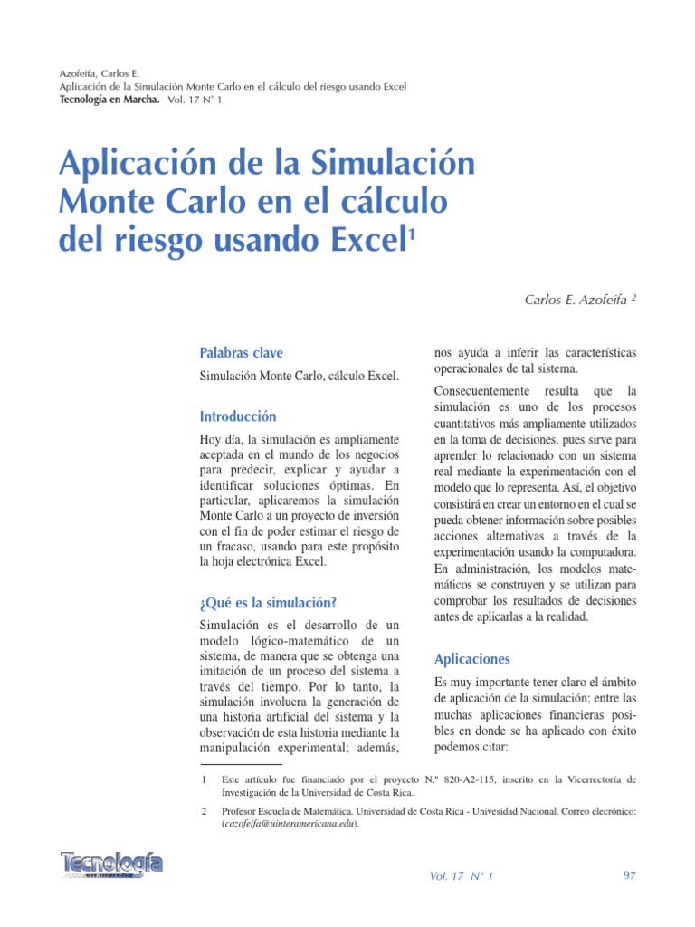 Aplicación de La Simulación Monte Carlo en El Cálculo Del Riesgo Usando Excel PDF | PDF ...