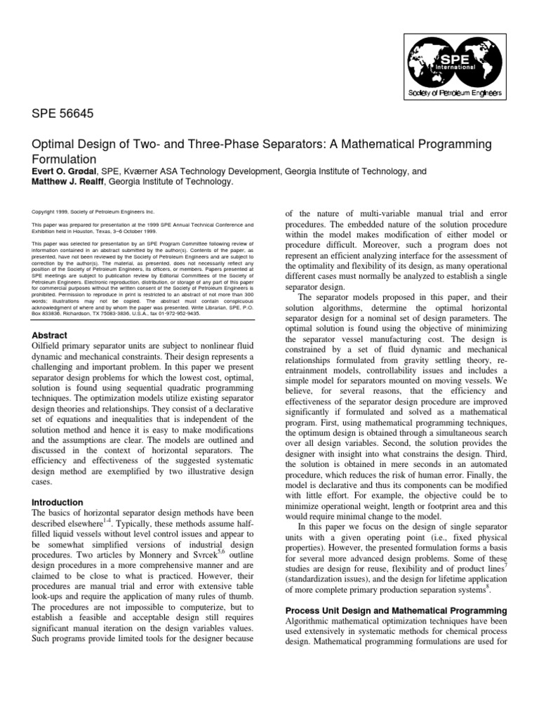 Optimal Design of 2 - and 3-Phase Separators A Mathematical Programming Formulation | PDF ...