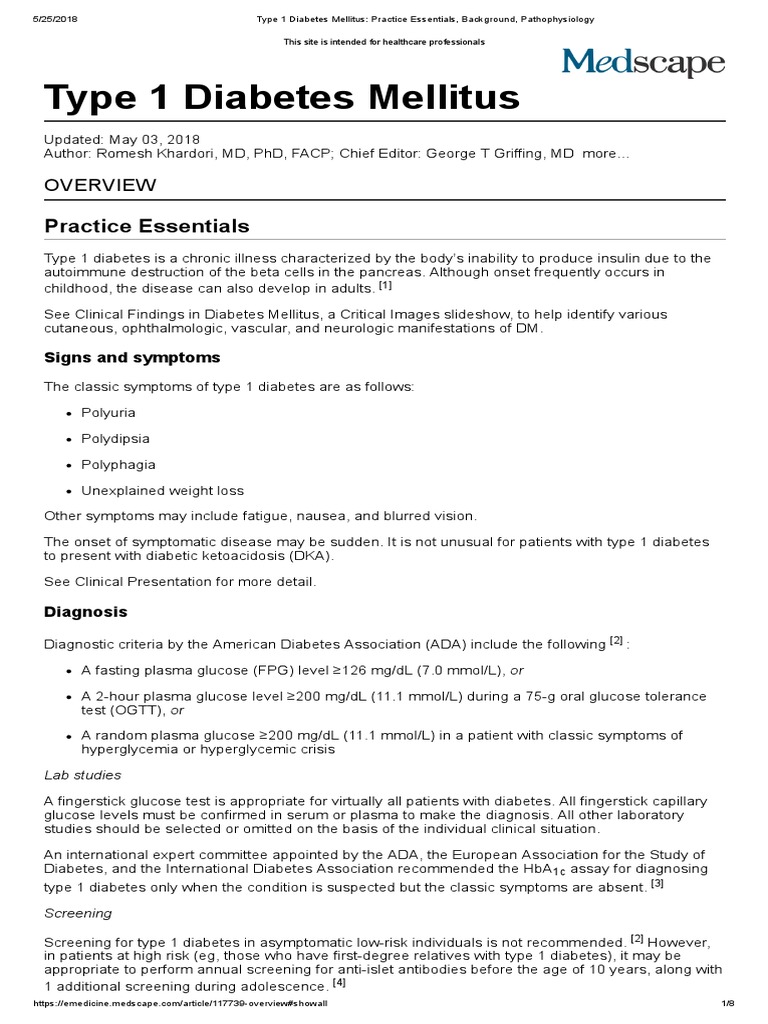 Type 1 Diabetes Mellitus - Practice Essentials, Background ...