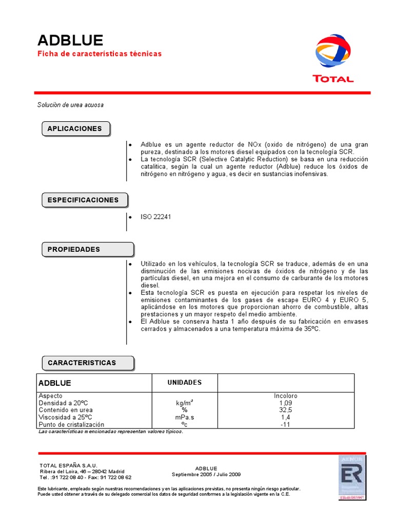 FichTec Total Adblue | PDF | Motor diesel | Materiales