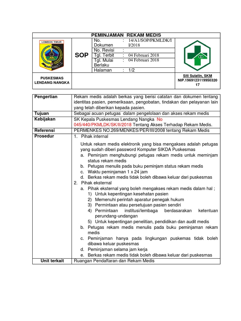 Sop Peminjaman Rekam Medis | PDF