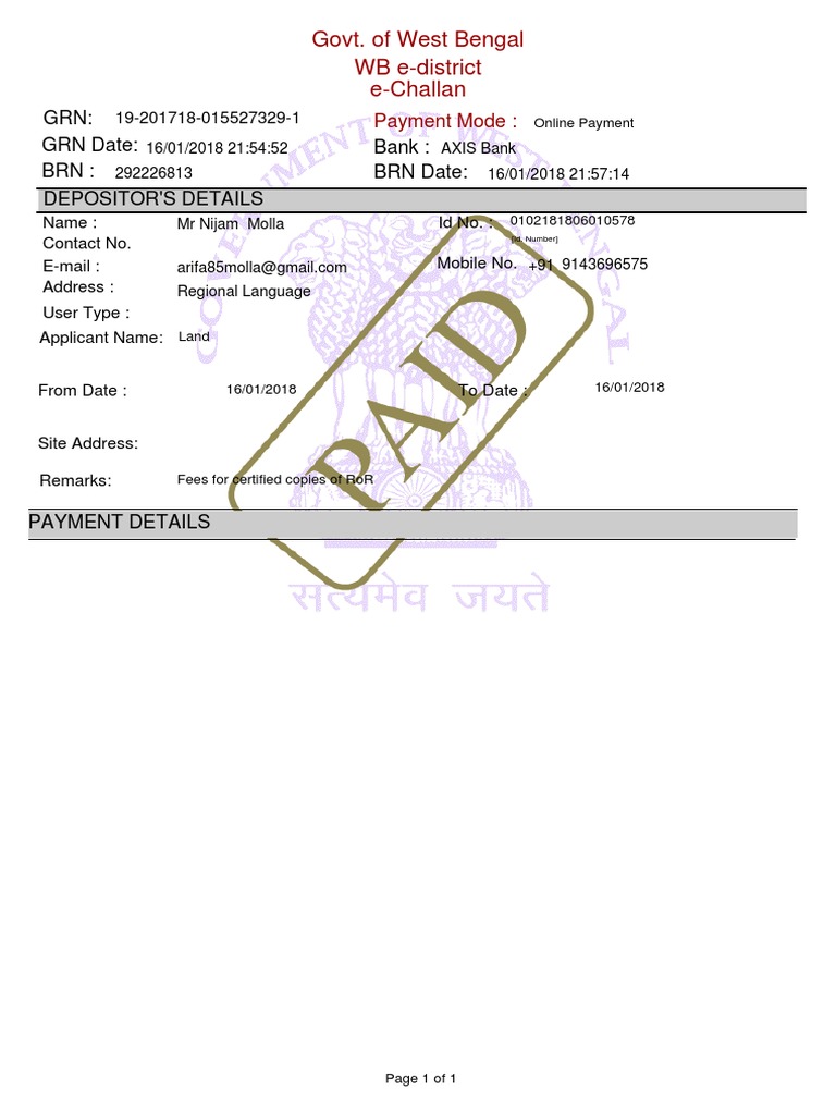 Govt. of West Bengal E-Challan WB E-District: GRN: GRN Date: Bank | PDF