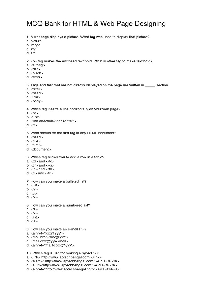 HTML MCQ | PDF | Html Element | Html