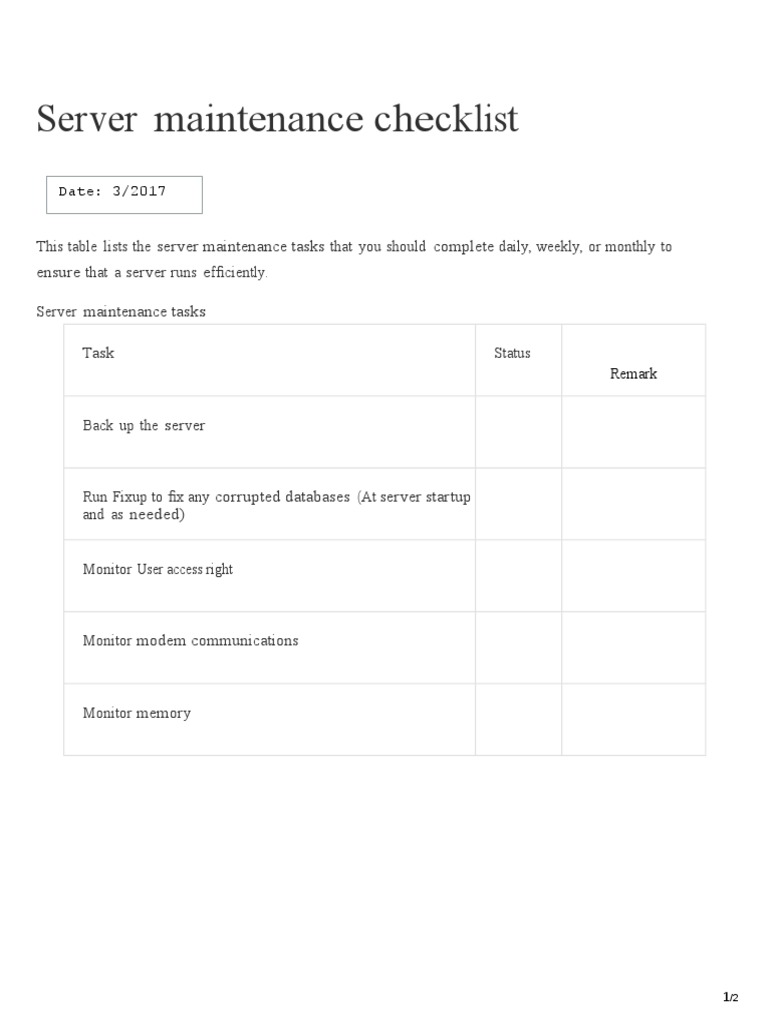 Server Maintenance Checklist | Server (Computing) | Computer Data