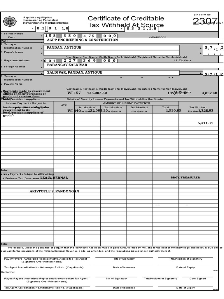 2307 | PDF | Withholding Tax | Corporate Tax