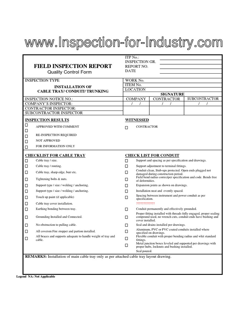 Cable Tray Inspection Checklist Report | PDF | Wire | Electrical Components