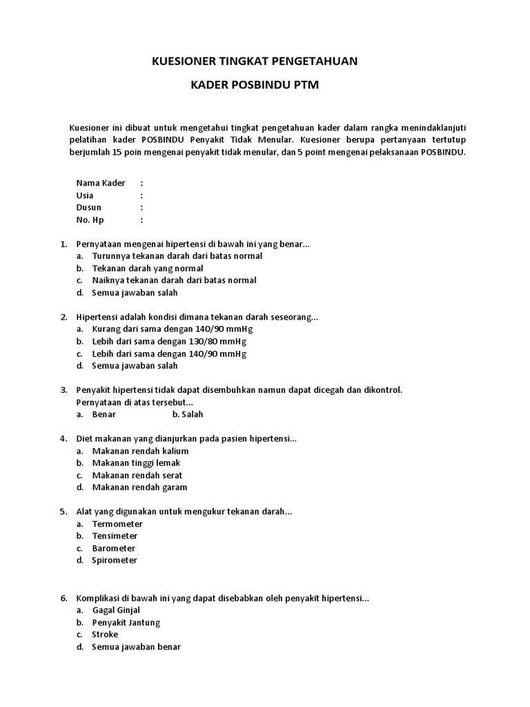 Kuesioner Tingkat Pengetahuan Kader | PDF