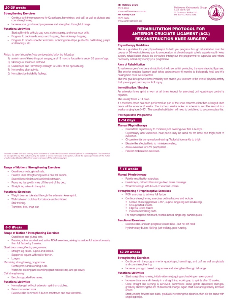 Rehabilitation Protocol of ACL Reconstruction | PDF | Knee | Physical ...
