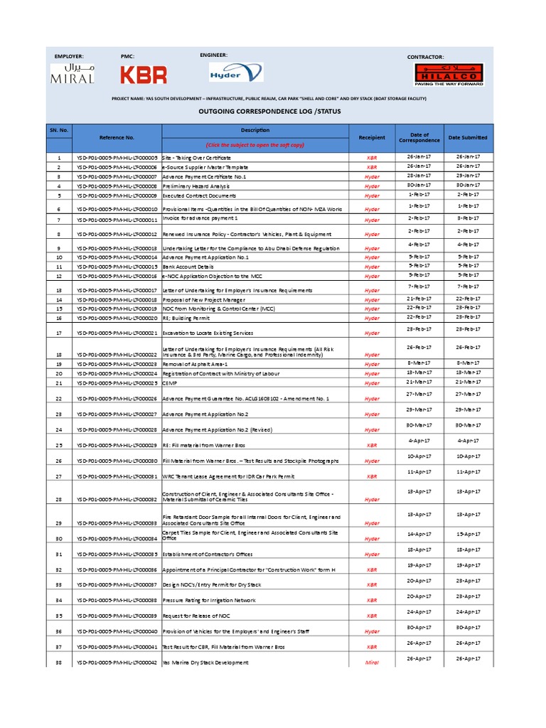 Correspondence Register | Kbr (Company) | Insurance