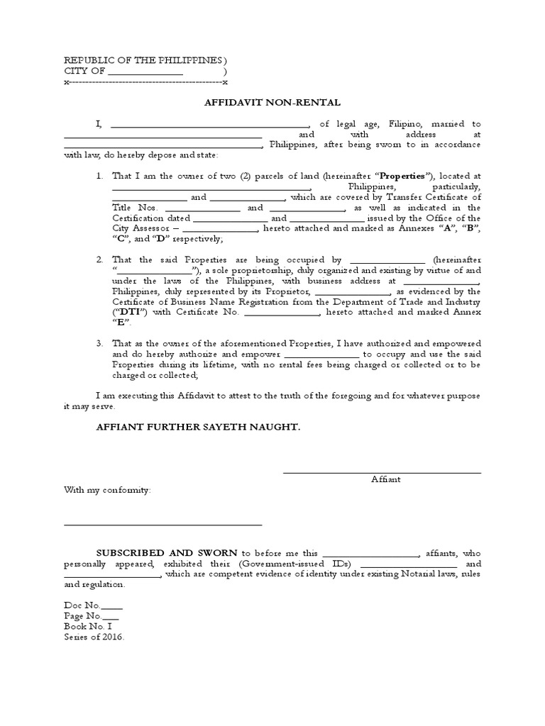 Affidavit of Non-Rental Template | PDF | Affidavit | Civil Law (Common Law)