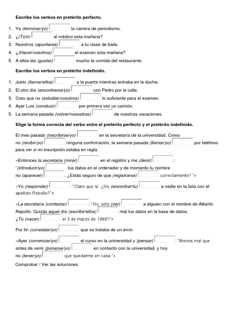 Preterito Perfecto Ejercicios | PDF