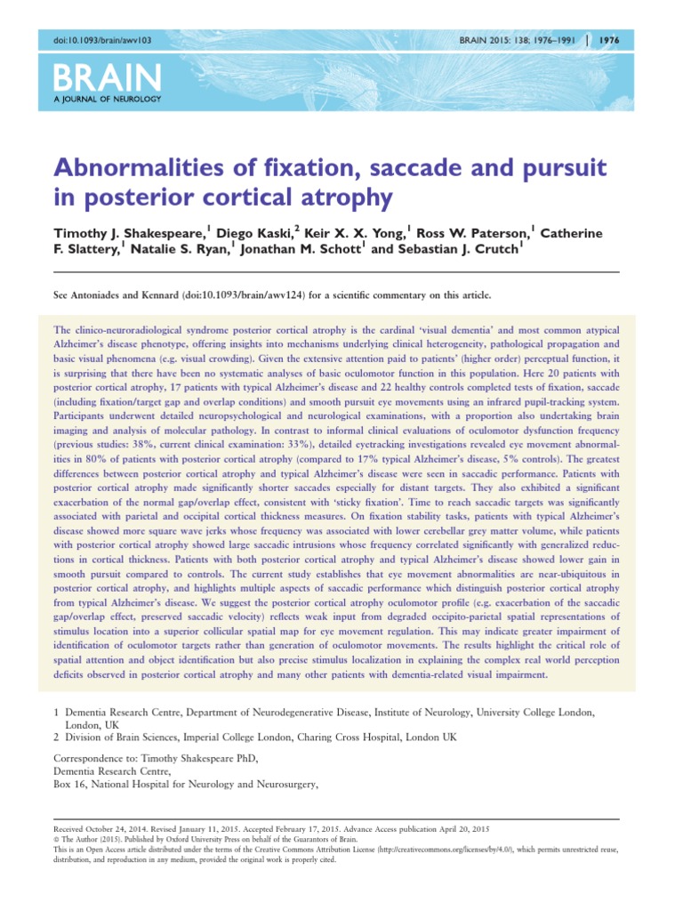 Shakespeare, T. Et Al. (2015) - Abrnormalities of Fixation, Saccade and Pursuit in Posterior ...
