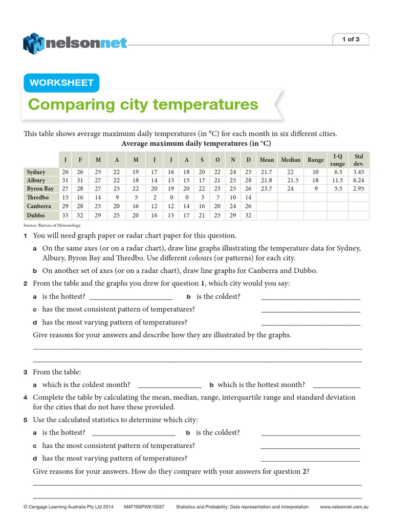 Comparing City Temperatures Worksheet | PDF | Median | Mean