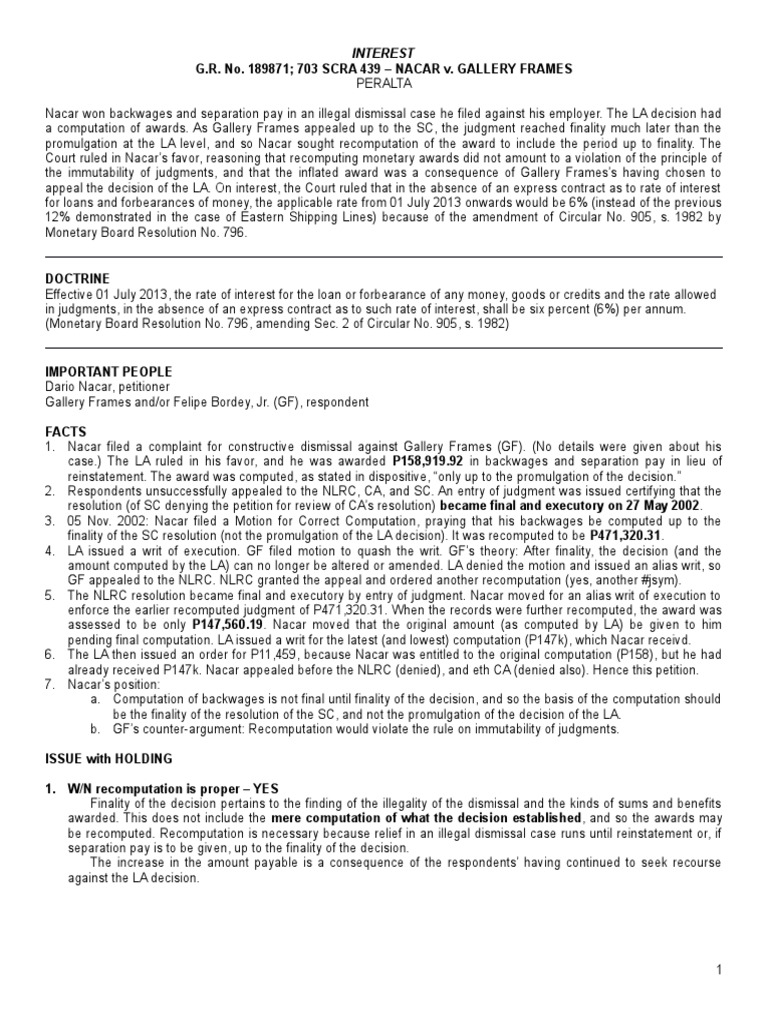 Nacar v. Gallery Frames | PDF | Liquidated Damages | Interest