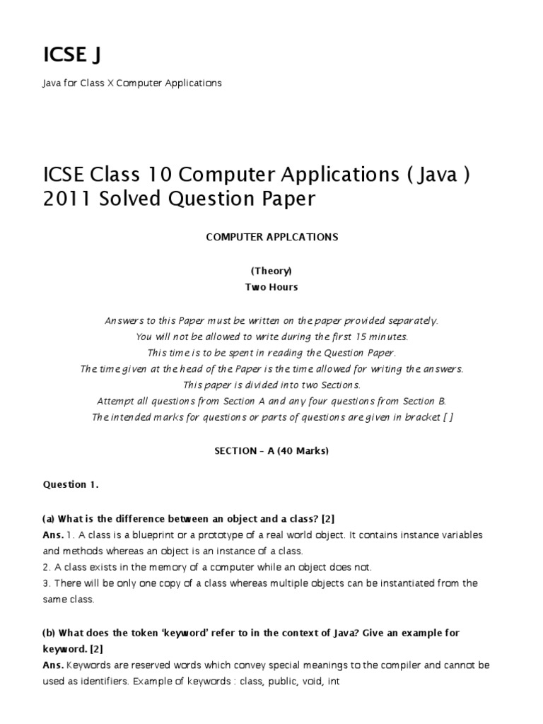 ICSE Class 10 Computer Applications (Java) 2011 Solved Question Paper - ICSE J | PDF | Reserved ...