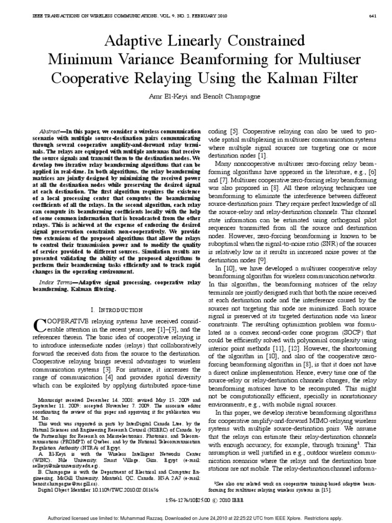 Adaptive Linearly Constrained Minimum Variance Beamforming For Multiuser Cooperative Relaying ...