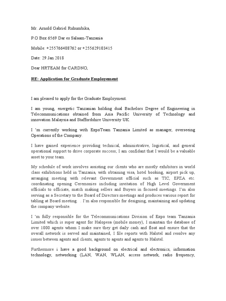 Job Application Letter | PDF | Telecommunication | Tanzania