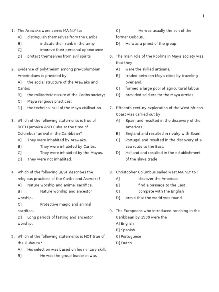 Caribbean History Multiple Choice Quiz | PDF | Abolitionism | Slavery