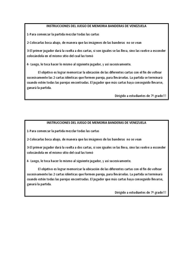 Instrucciones Del Juego de Memoria Banderas de Venezuela | PDF