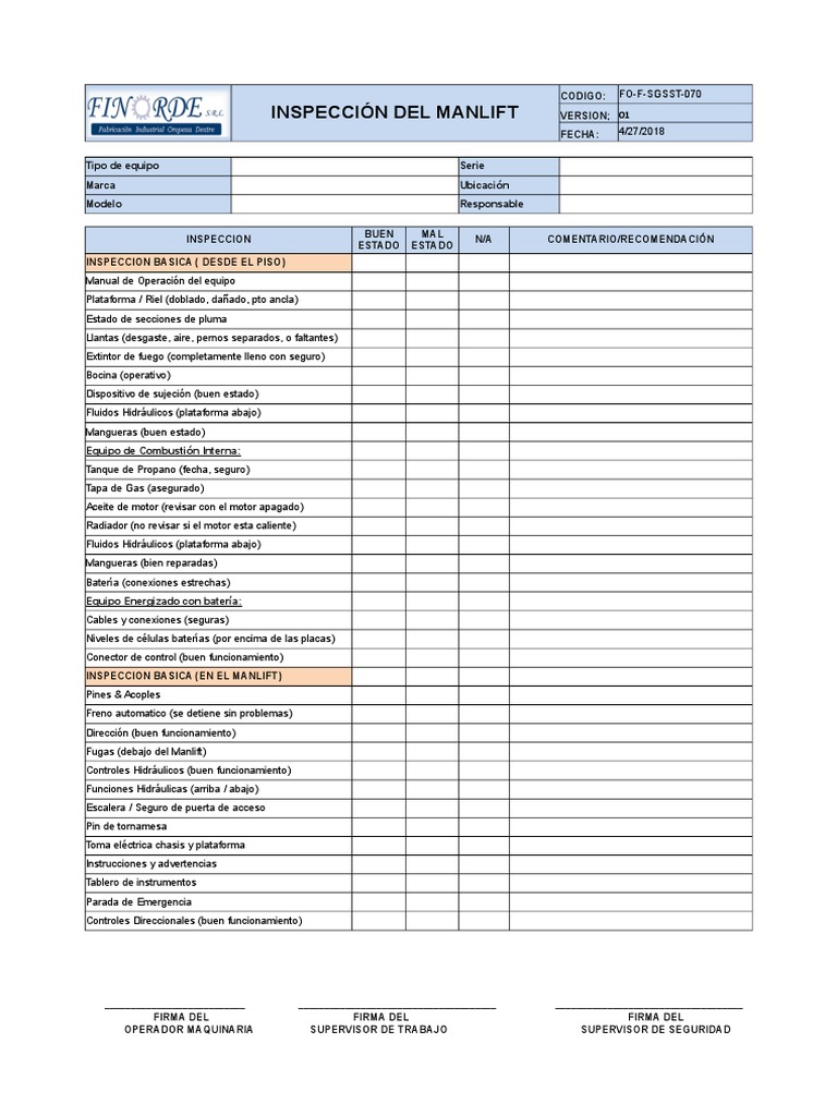 FO F SGSST 070 Check List Manlift | Bienes manufacturados | Vehículos