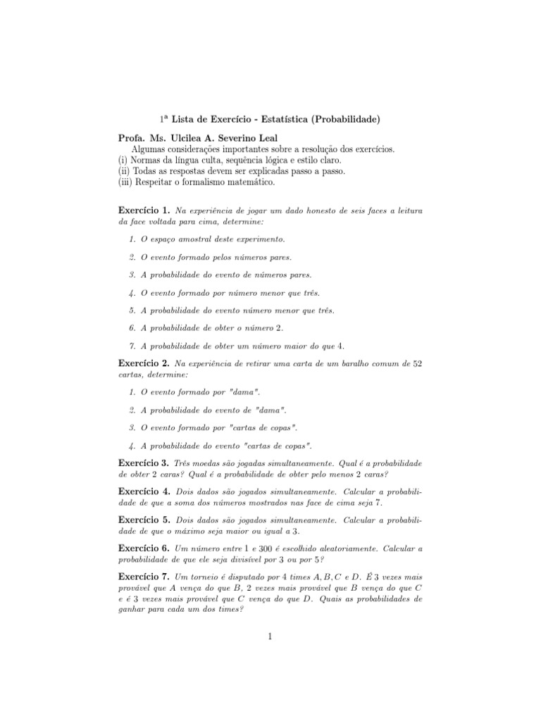 Estatística Exerc Lista 1 | PDF | Probabilidade | Cartas de baralho
