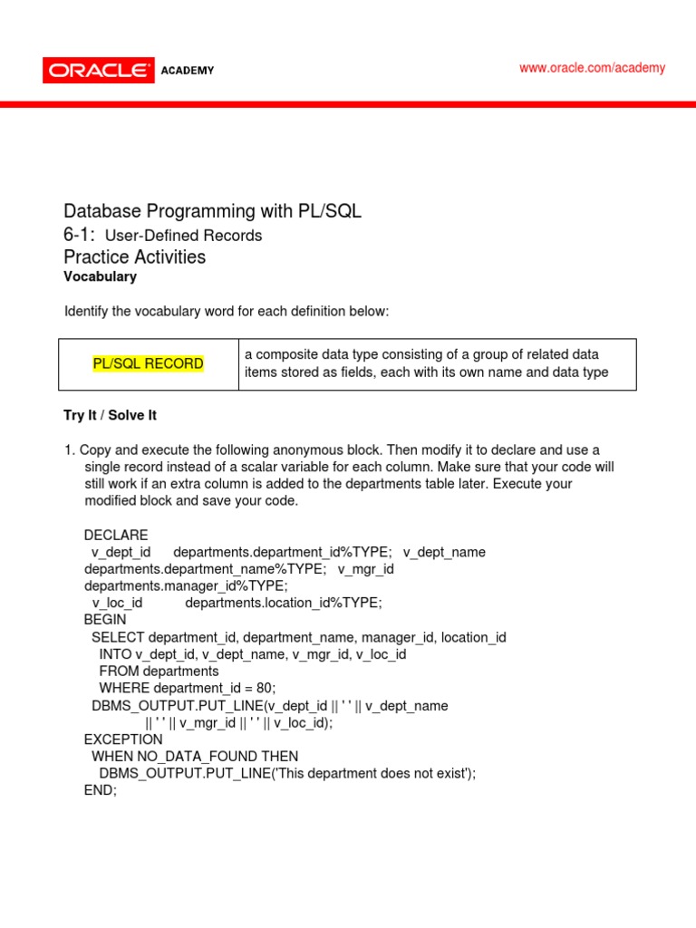 PLSQL 6 1 Practice | PDF PLSQL 6 1 Practice | PDF