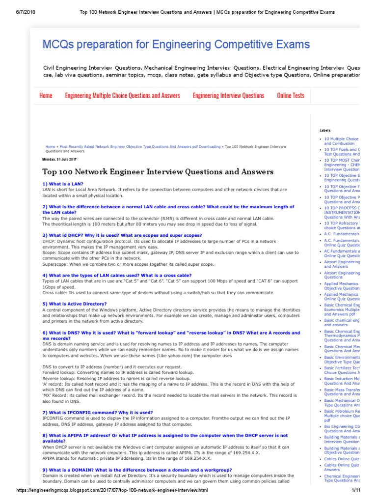 Top 100 Network Engineer Interview Questions and Answers - MCQs Preparation For Engineering ...