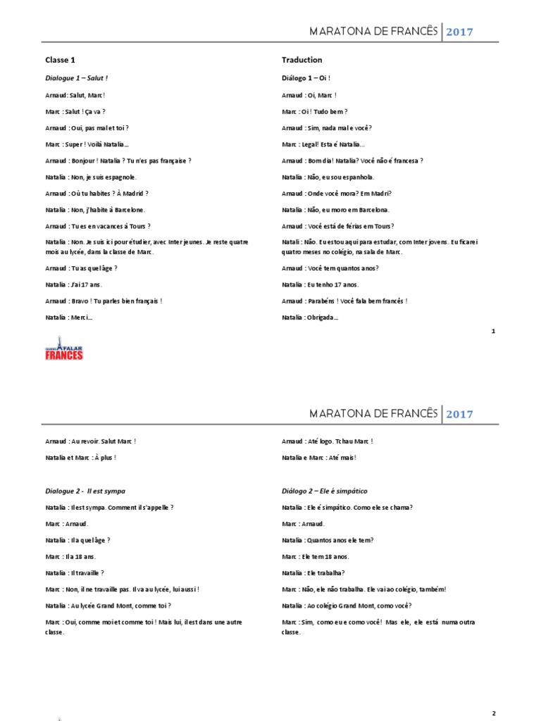 Classe 2 - Diálogos para Aprender Francês | PDF | Morfologia ...