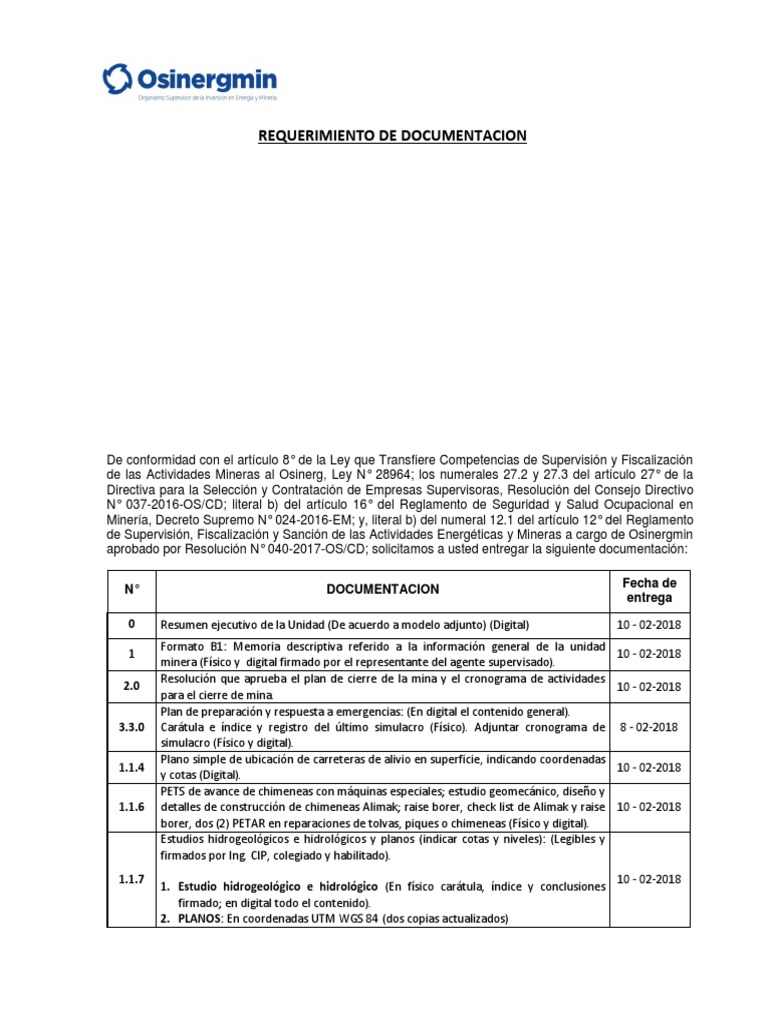 Acta Requerimiento Documentación OSINERGMIN 2018 PDF | PDF | Material explosivo | Locomotoras