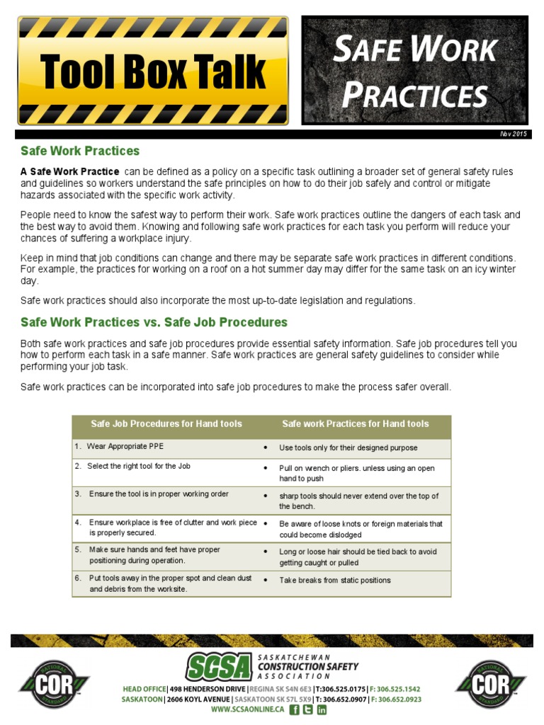 11 SafeWorkPractices Nov2015 | PDF | Tools | Safety