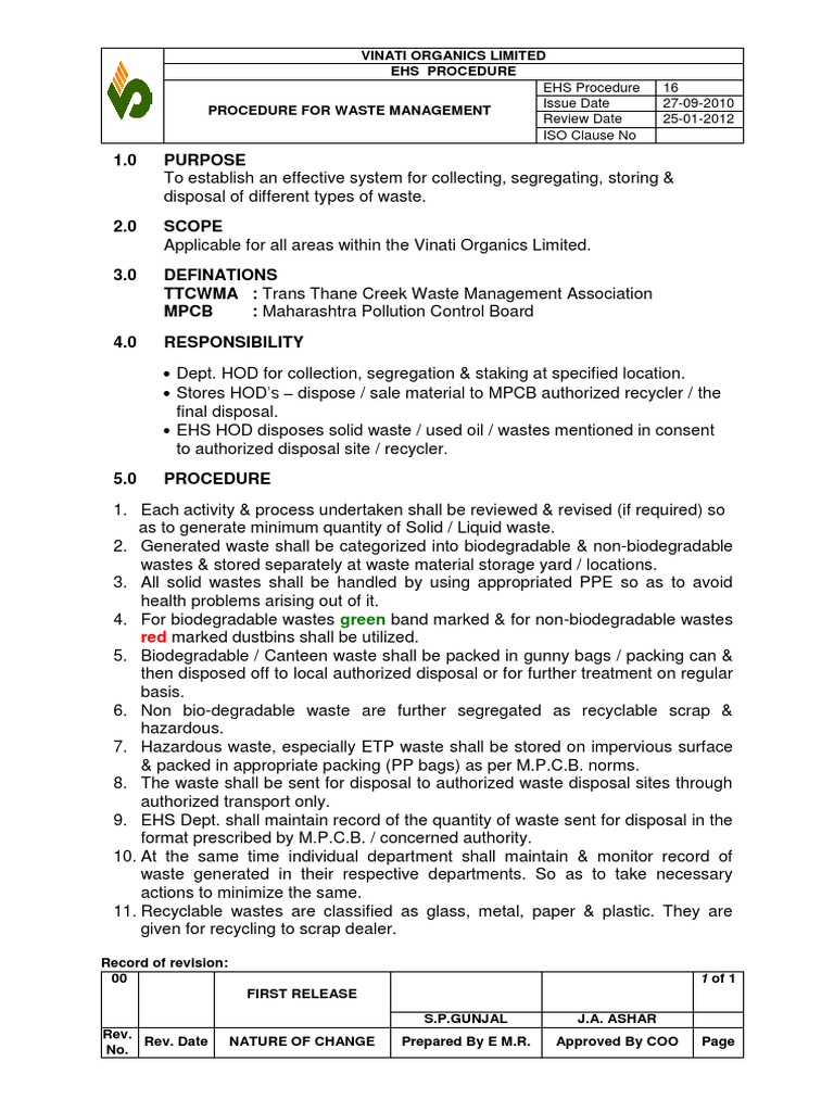 15-PROCEDURE-FOR-WASTE-MANAGEMENT.pdf | Waste Management | Scrap