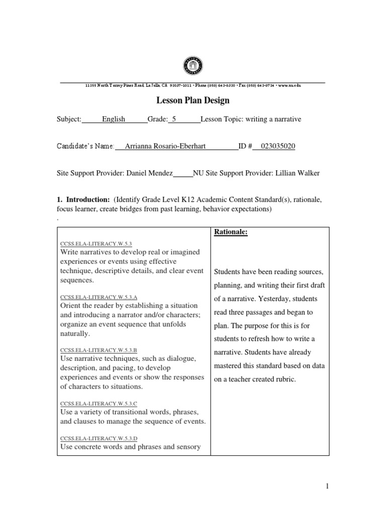 Lesson Plan Design: 1. Introduction: (Identify Grade Level K12 Academic ...