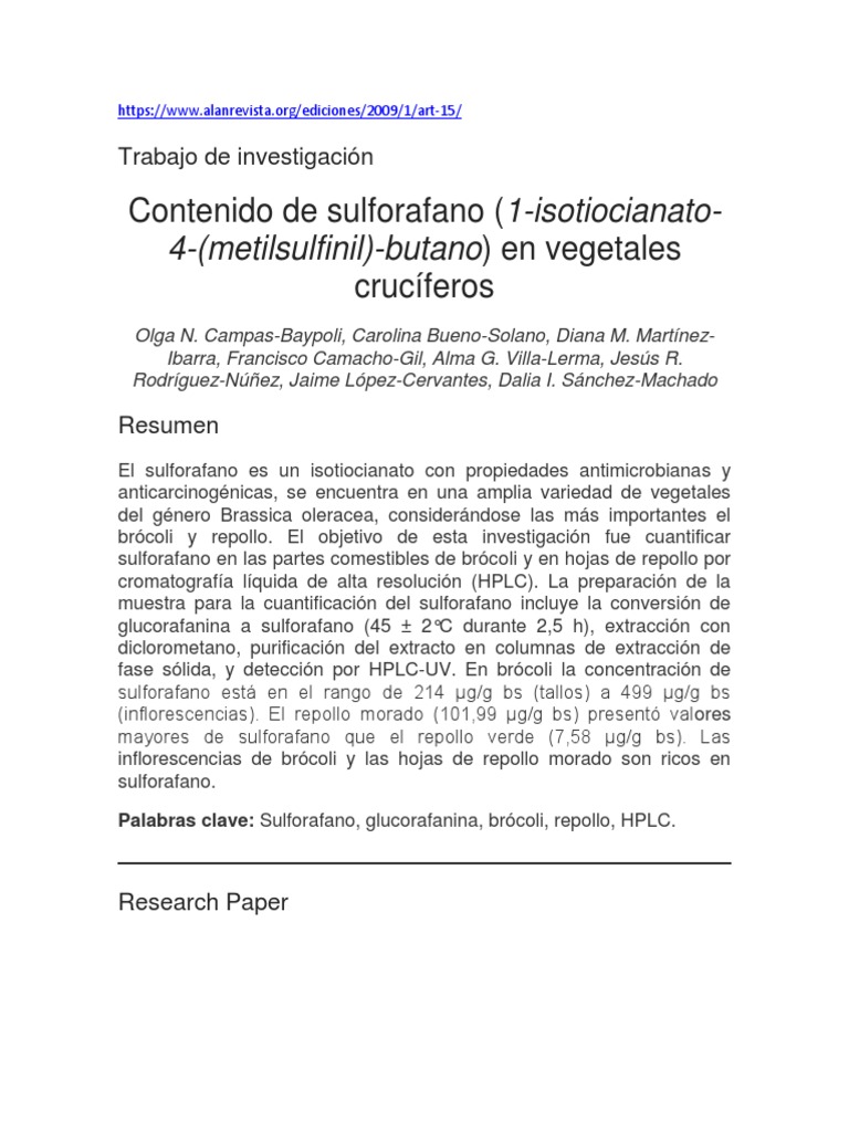 Contenido de Sulforafano (1-Isotiocianato-4 - (Metilsulfinil) - Butano ...