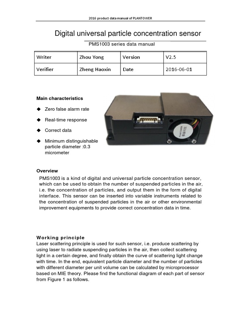 Plantower PMS1003 Sensor Manual | PDF | Scattering | Power Supply