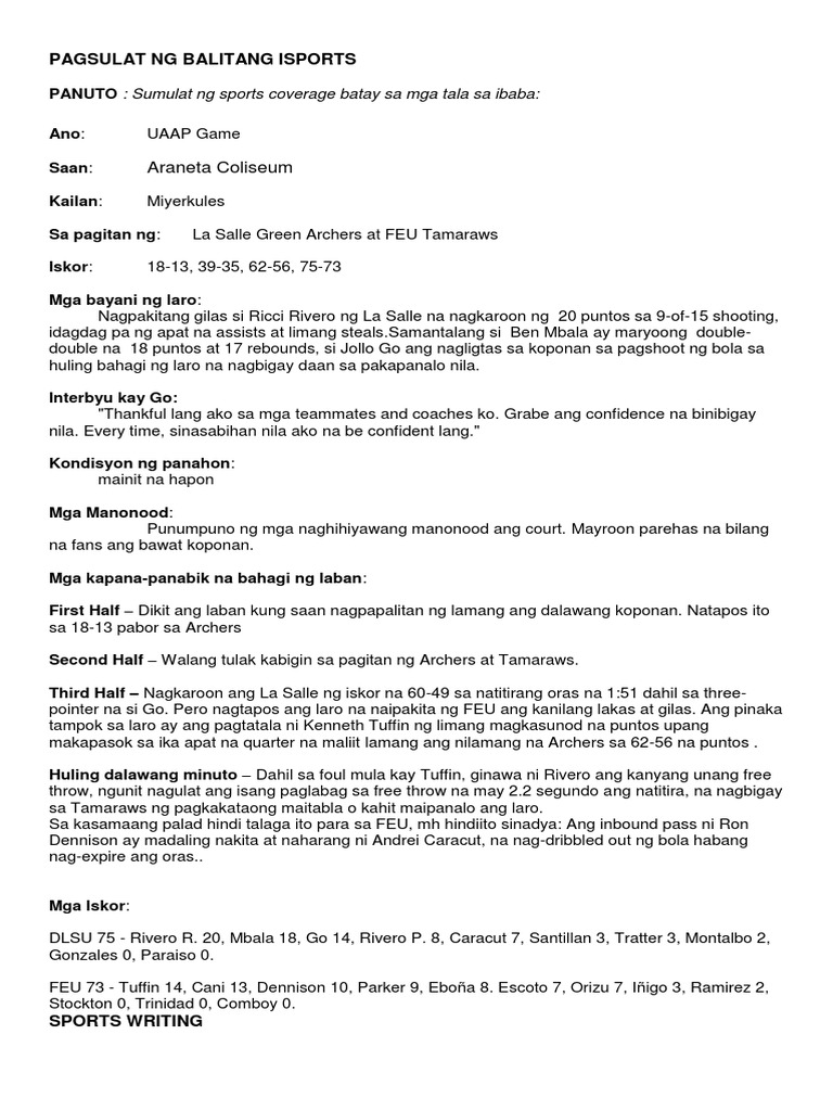 Pagsulat NG Balitang Isports | PDF