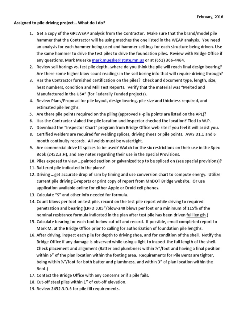 Pile Driving Checklist | PDF | Deep Foundation | Engineering