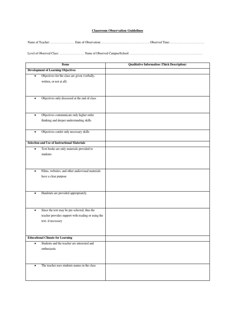 Classroom Observation Guidelines | Lecture | Teachers
