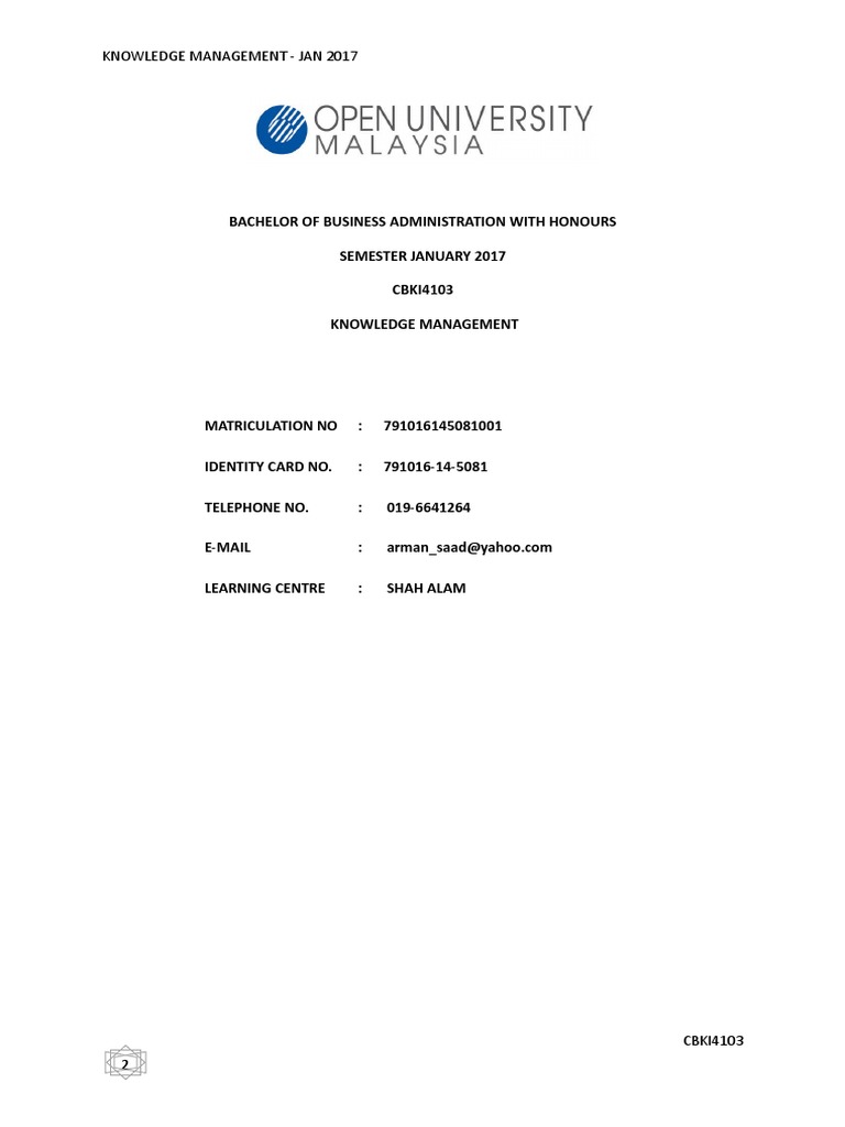 Knowledge Management (CBKI4103) | PDF | Tacit Knowledge | Knowledge Management
