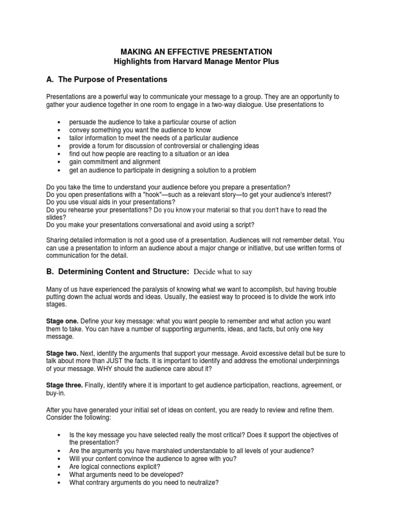 Making An Effective Presentation Highlights From Harvard Manage Mentor ...