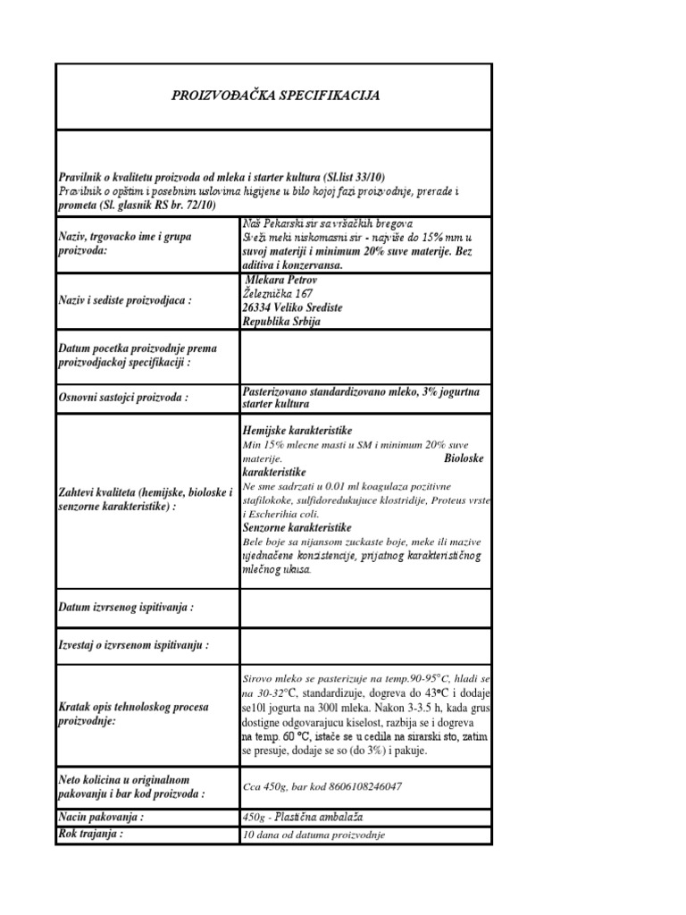 Specifikacija Proizvoda Pavlaka I Sir | PDF