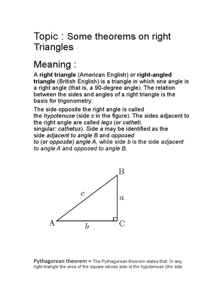 Theorems On Right Triangles – Pythagorean Theorem – EIYUB