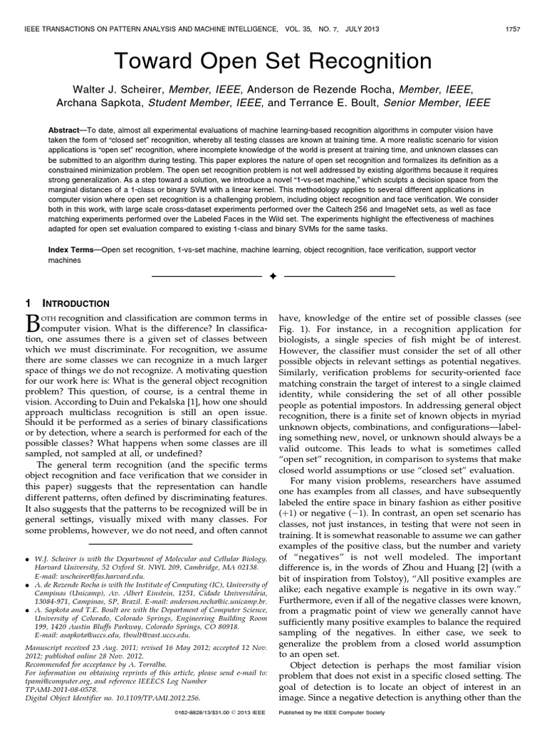 Toward Open Set Recognition | PDF | Support Vector Machine | Applied ...
