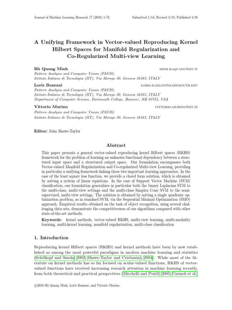 Reproducing Kernel Hilbert Spaces For Manifold Regularization and Co-Regularized | PDF | Support ...