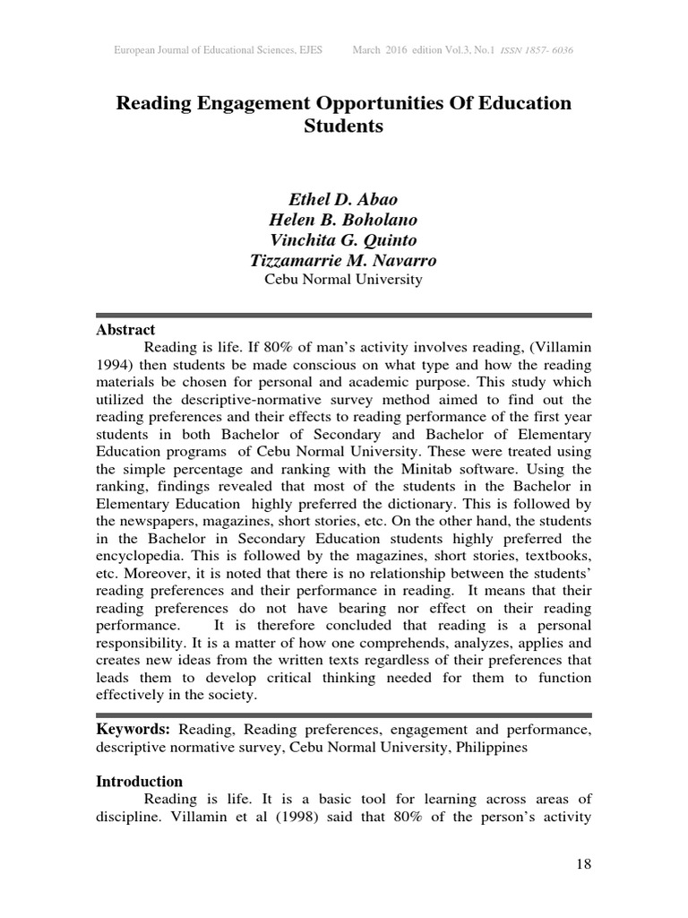 Reading Engagement Opportunities of Education Students | PDF | Reading ...