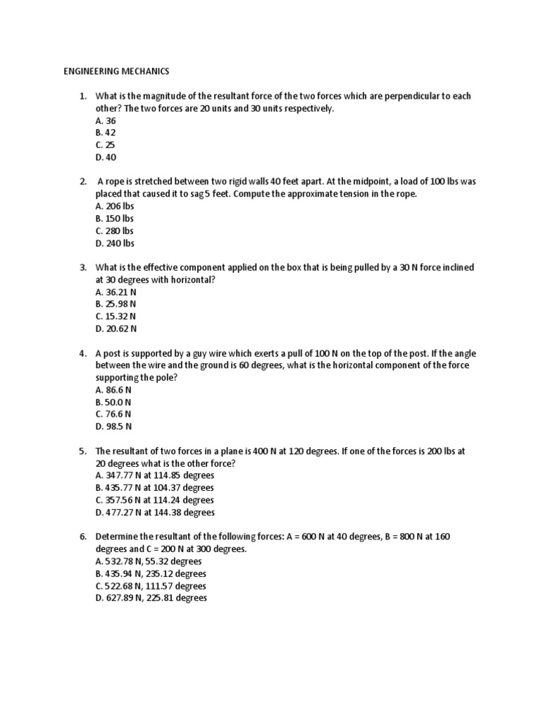 Engineering Mechanics: Multiple Choice Questions on Statics, Dynamics ...